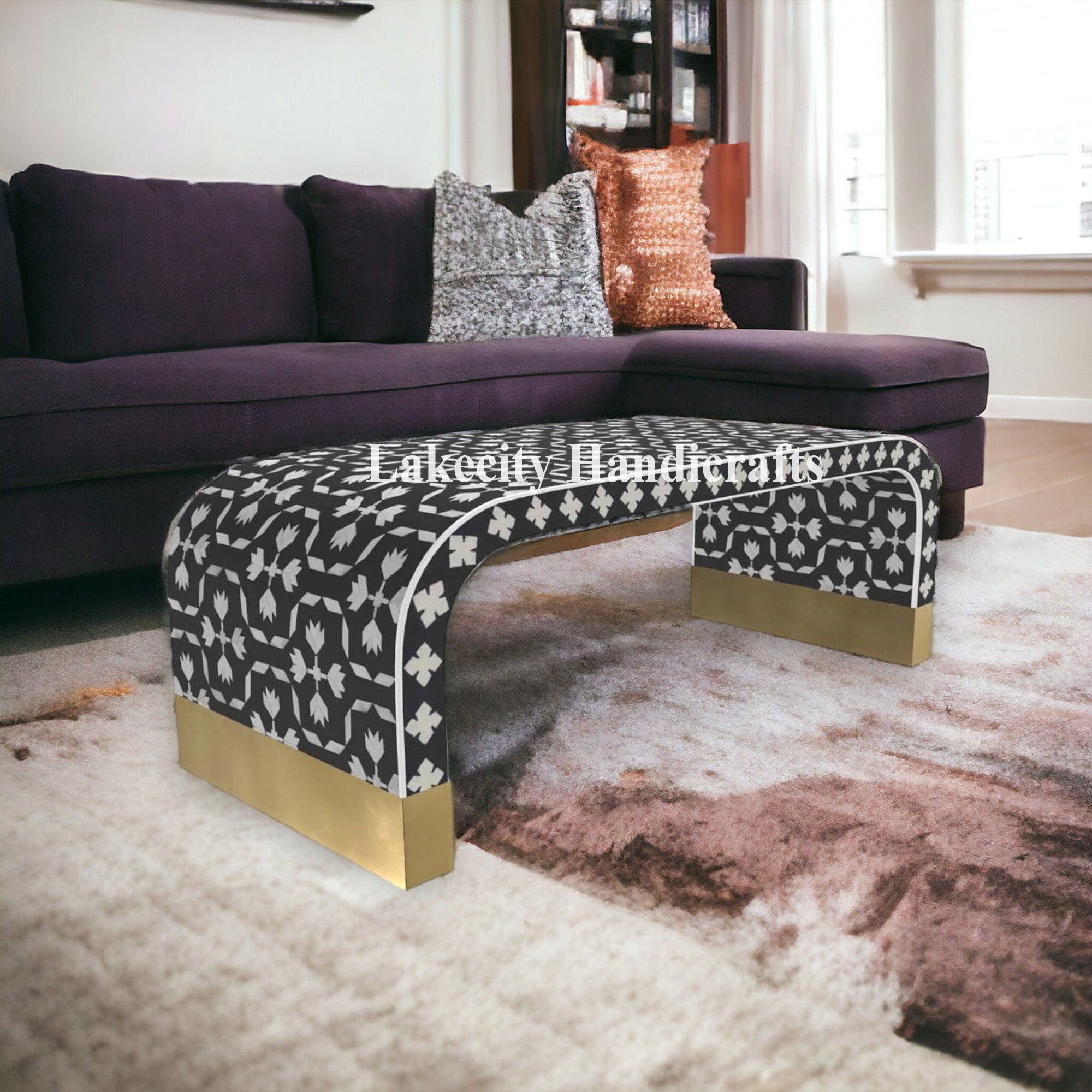Bone Inlay Waterfall Lotus Design Coffee Table Black | Bone Inlay Wate ...